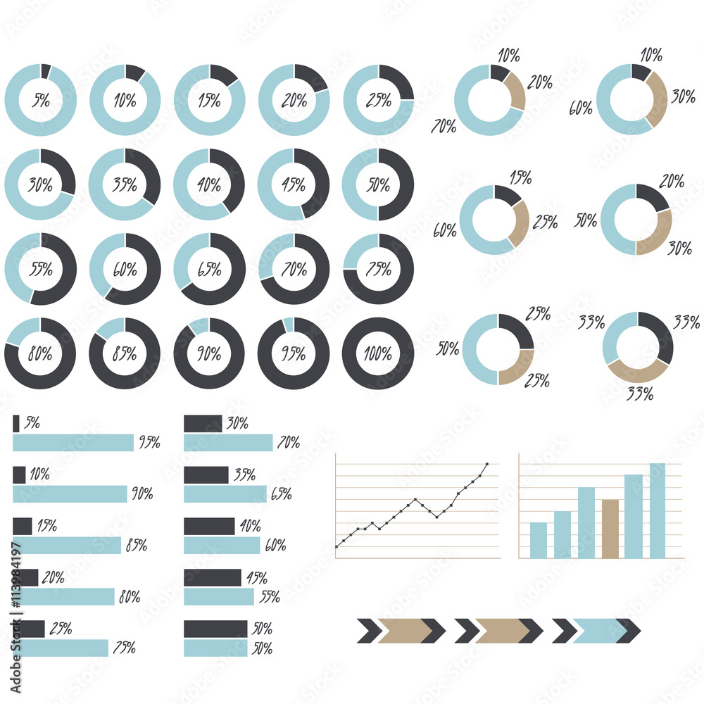 vector blue, grey and brown infographics: pie charts, graph charts ...