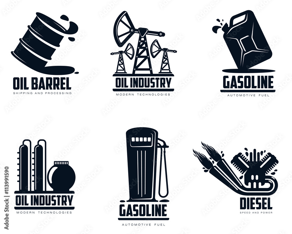 set of logos with oil and petrol station, minimalistic vector ...