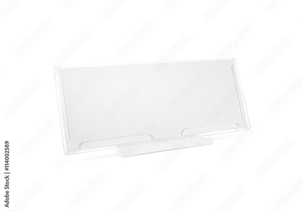 Plastic paper holder mock up stand on desk isolated. Nameplate glass ...
