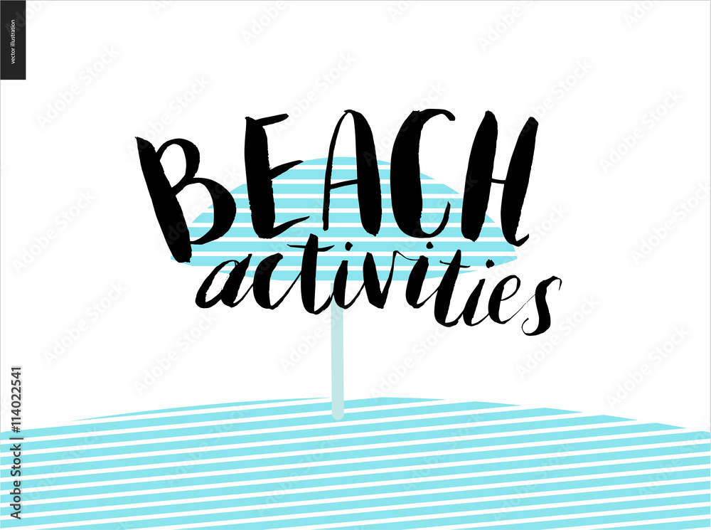 Beach activities calligraphy - a vector cartoon black brush hand ...