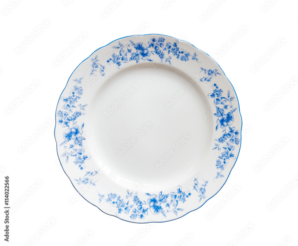 Plate, decorated with blue flower painted, isolate on white background ...