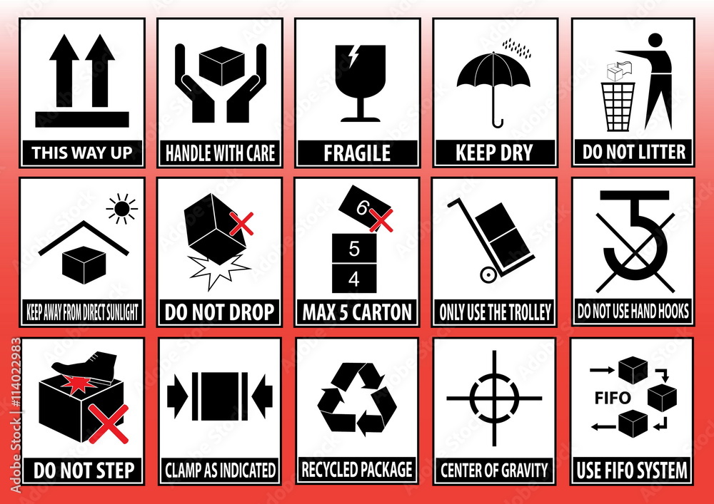 Vetor de Set Of Packaging Symbols (this side up, handle with care ...