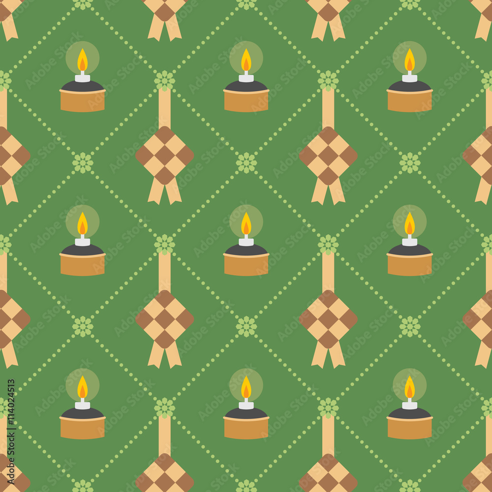 Hari Raya theme pattern. Ketupat (rice dumpling) and pelita (muslim oil ...