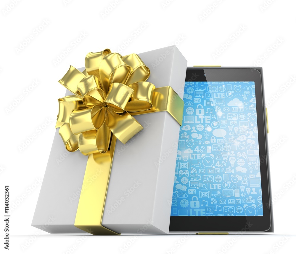Tablet in white gift box with golden bow and ribbons on white. 3D ...