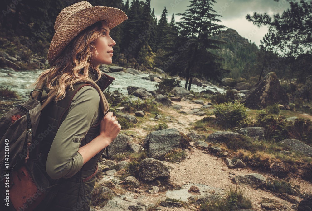 Beautiful woman hiker enjoying amazing landscapes near wild mountain ...