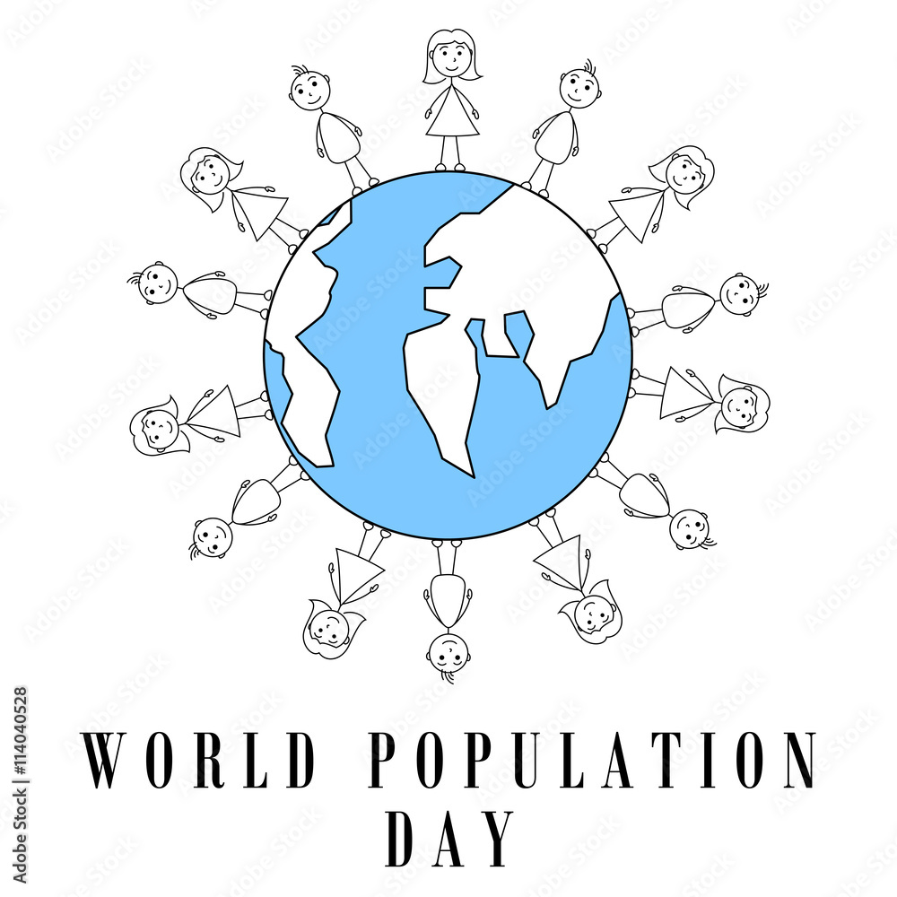 Stick figures surrounding earth globe. World population day design ...