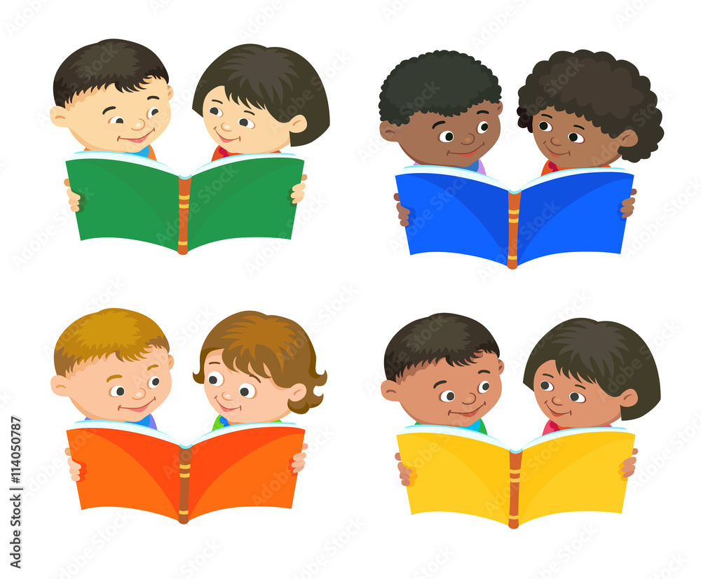 Cartoon kids reading book vector Stock Vector | Adobe Stock