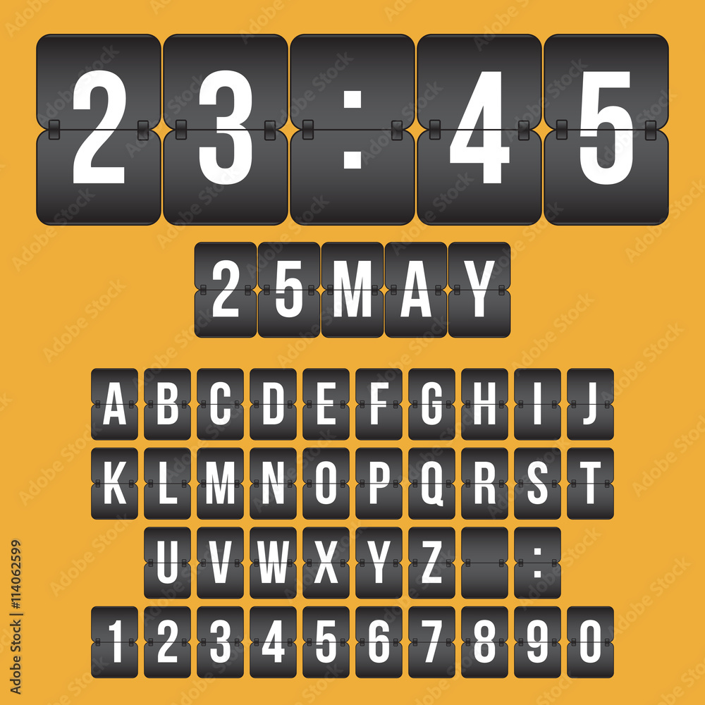 vector scoreboard Clock, black and white flip numbers and alphabet ...