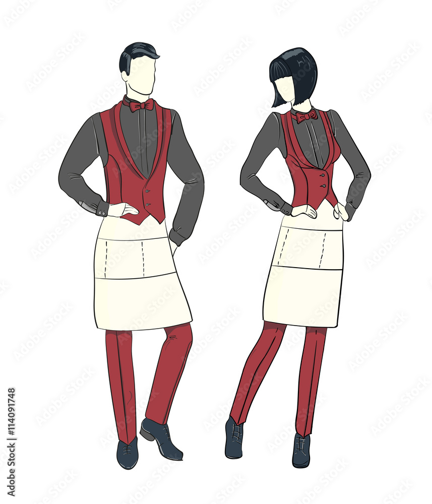 Cartoon fashion sketch of waitress and waiter. Vector illustration ...