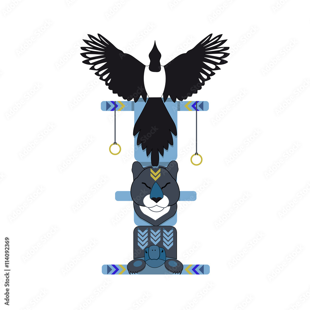 Colored north indian totem pole, vector illustration. Magpie totem ...