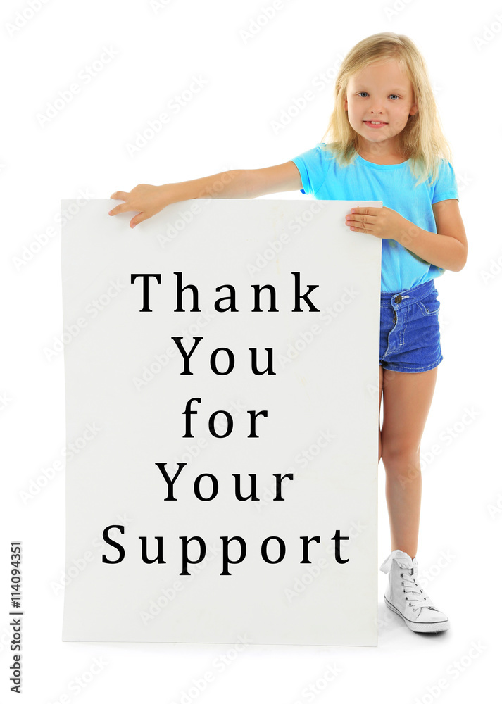 Little girl and board with text Thank You for Your Support isolated on ...