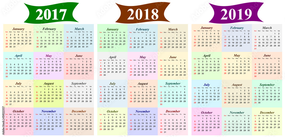 Three year calendar - 2017, 2018 and 2019 Stock Vector | Adobe Stock
