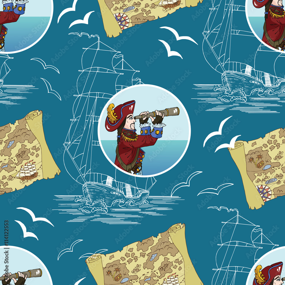 Pirate background with captain, map and ship on blue Stock Vector ...