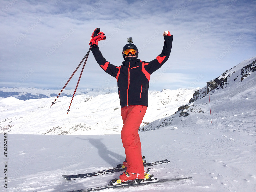 Alps. The mountain skier be in raptures at mountain top. Stock Photo ...