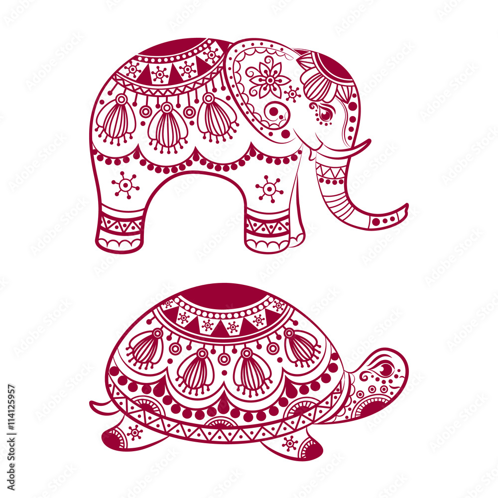 Abstract Indian elephant with turtle. Carved elephant and turtle ...