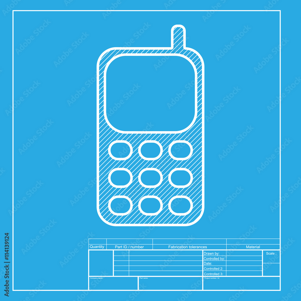 Cell Phone sign. White section of icon on blueprint template. Stock ...