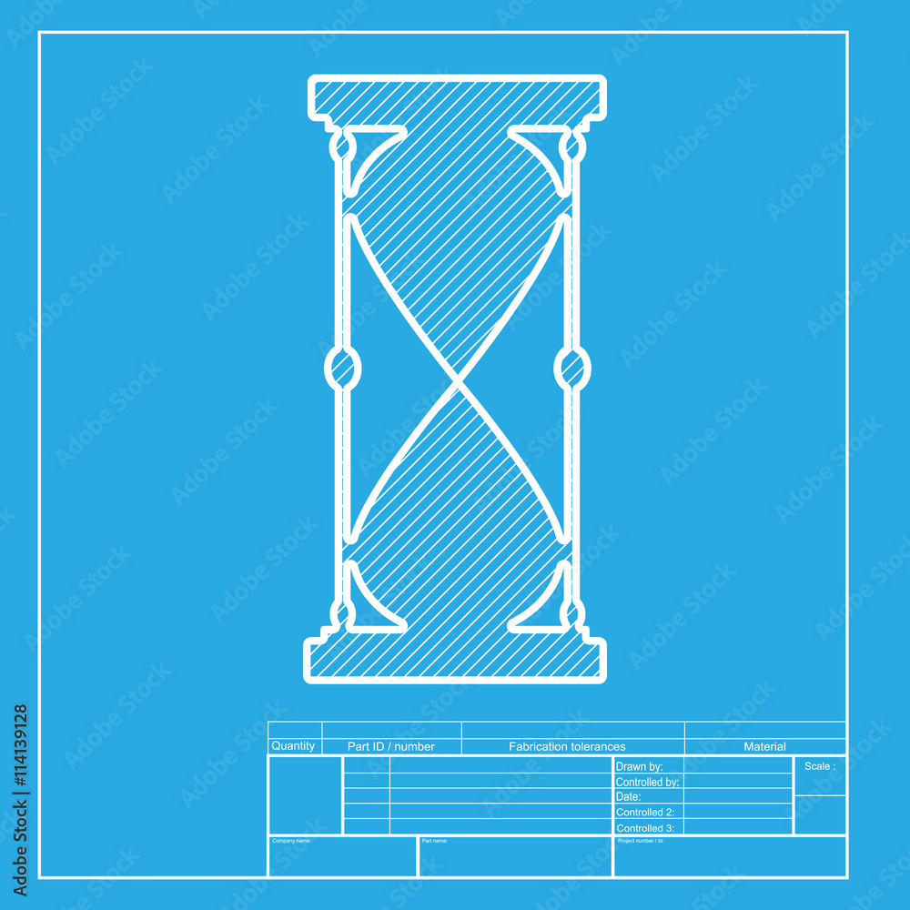 Hourglass sign illustration. White section of icon on blueprint ...
