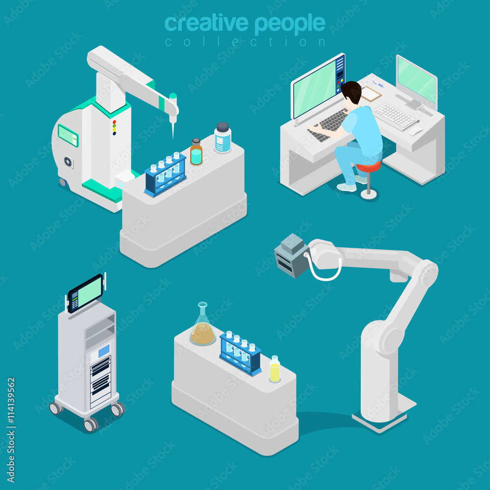 Medical hospital laboratory computer equipment flat 3d vector Stock ...