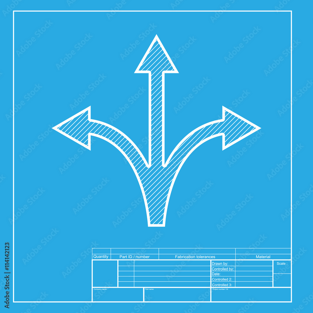 Three-way direction arrow sign. White section of icon on blueprint ...