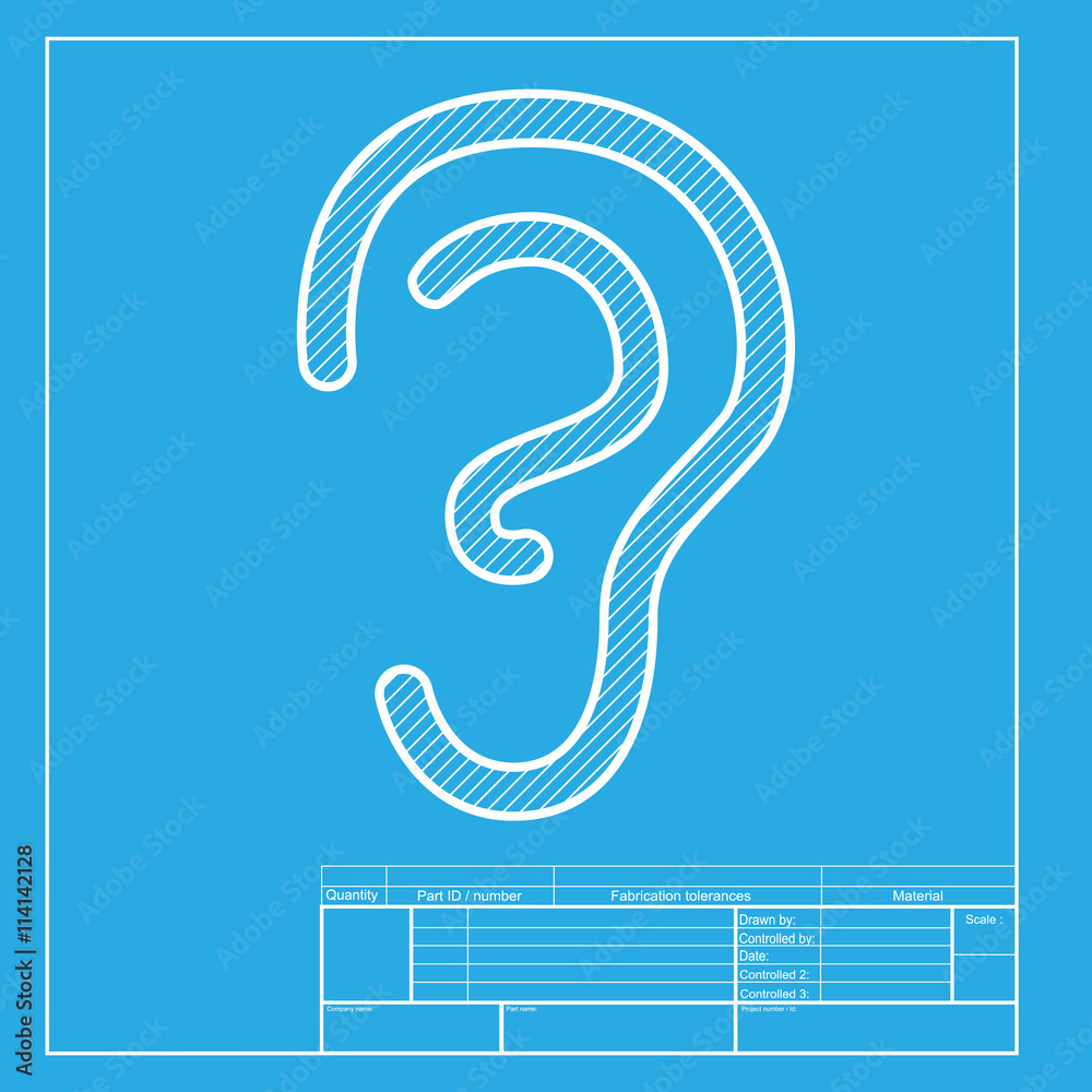 Human ear sign. White section of icon on blueprint template. Stock ...