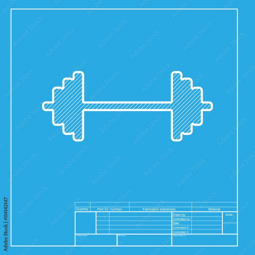 Dumbbell weights sign. White section of icon on blueprint template ...