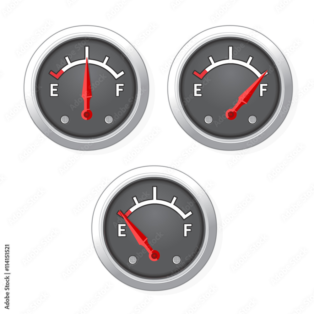 Vector illustration of circular fuel gauge icon set. Petrol Gauge Icons ...