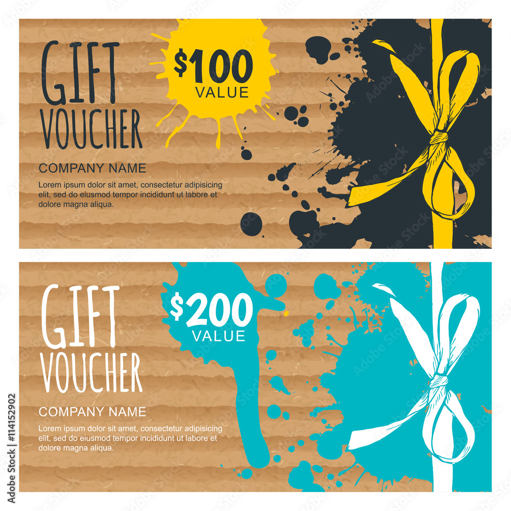 Vector gift voucher template. Hand drawn bow ribbon and craft cardboard ...
