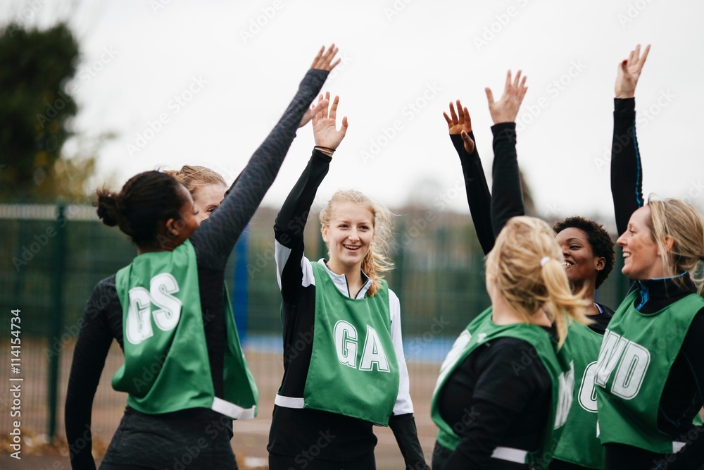 Female netball team giving high fives on netball court Stock Photo ...