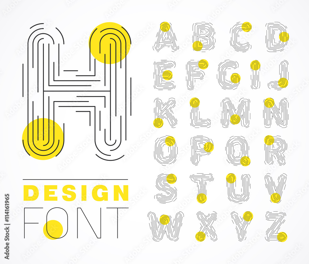 Alphabets digitally designed line stroke. Circular yellow spots placed ...
