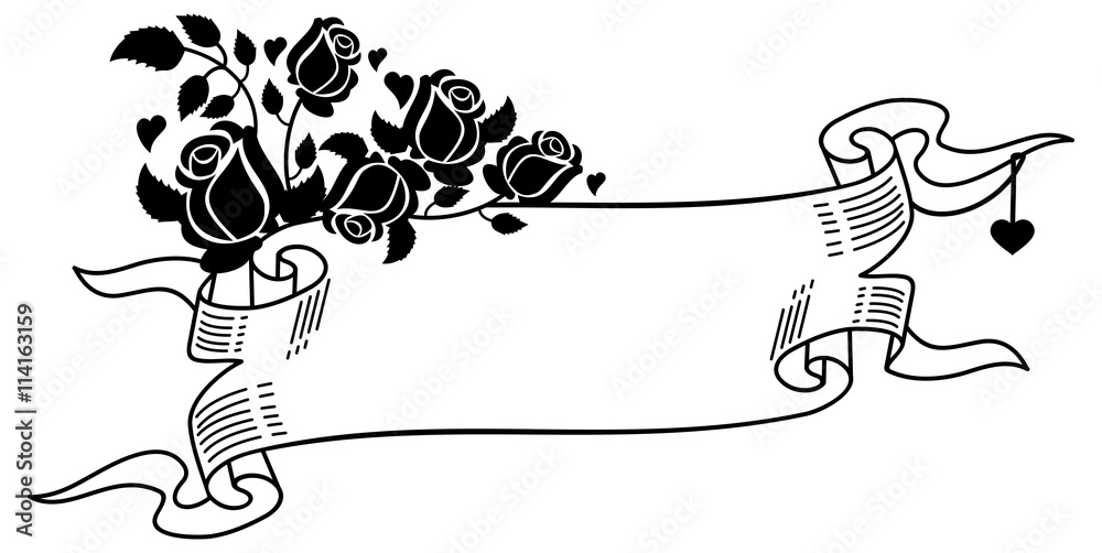 Contour paper scroll with roses silhouettes. Vector clip art. Stock ...