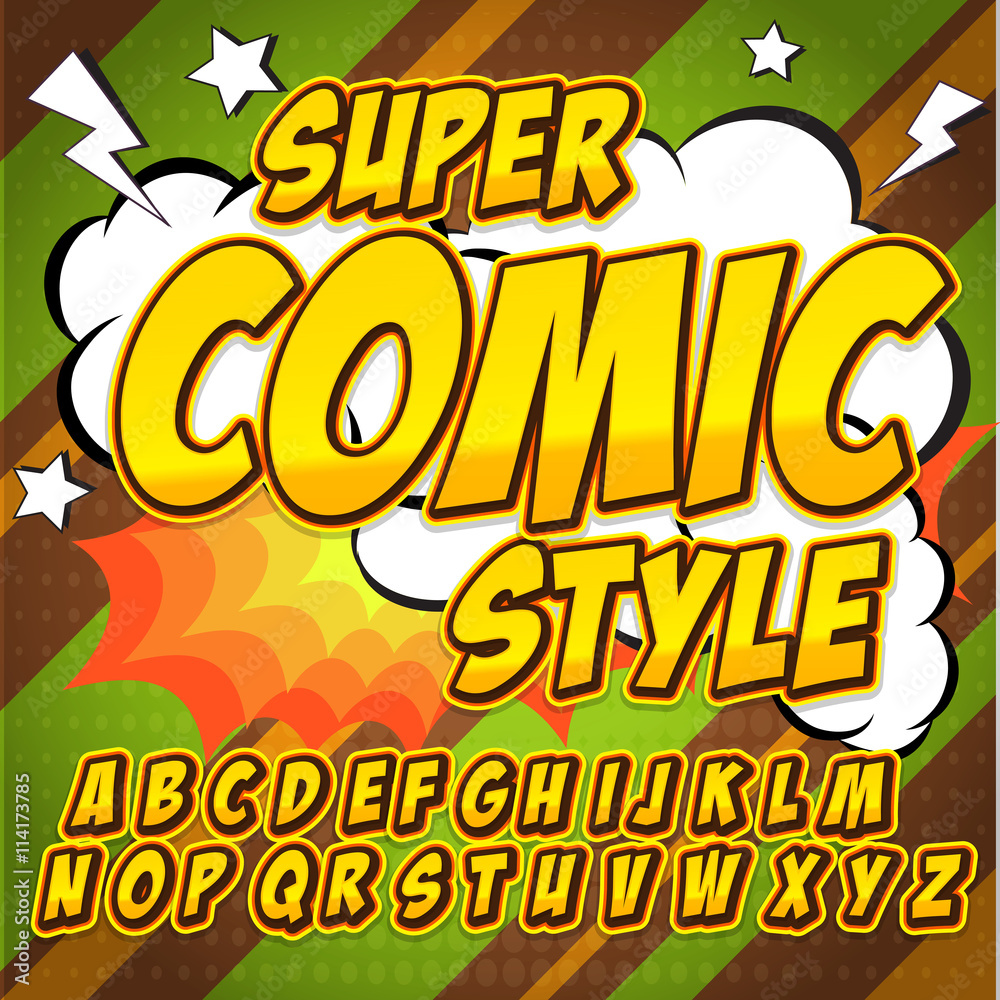 Comic yellow alphabet set. Letters, numbers and figures for kids ...