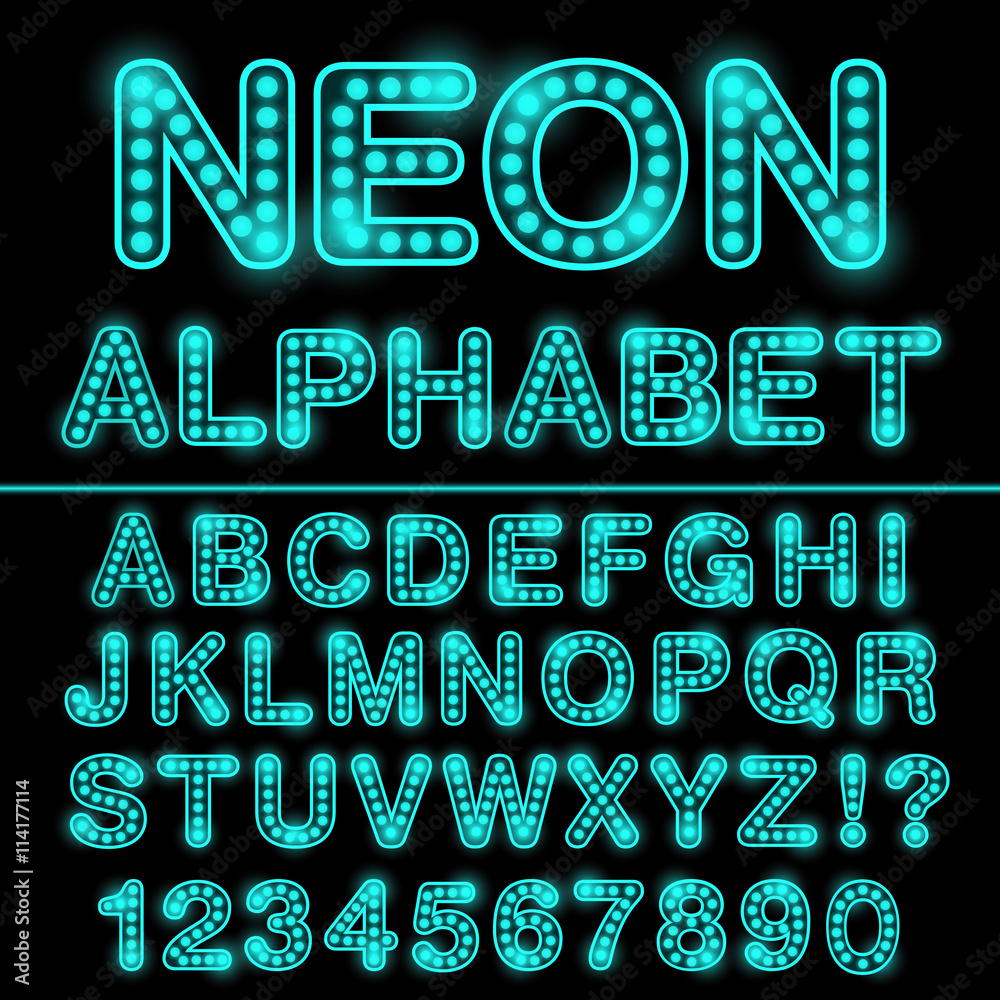 Neon light alphabet in cyan color. Glowing font for design. Neon sign ...