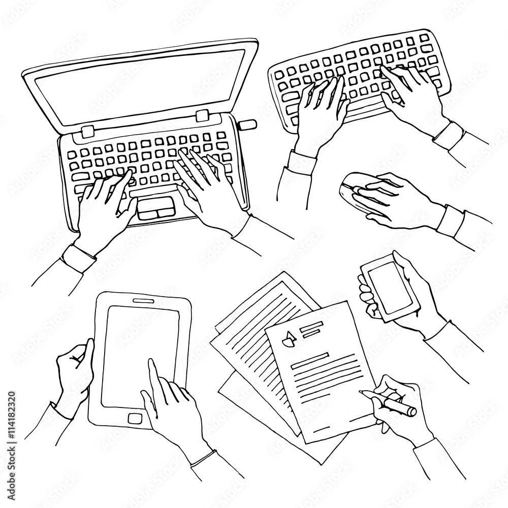 Vector doodle sketch set of hands holding various hi-tech communication ...