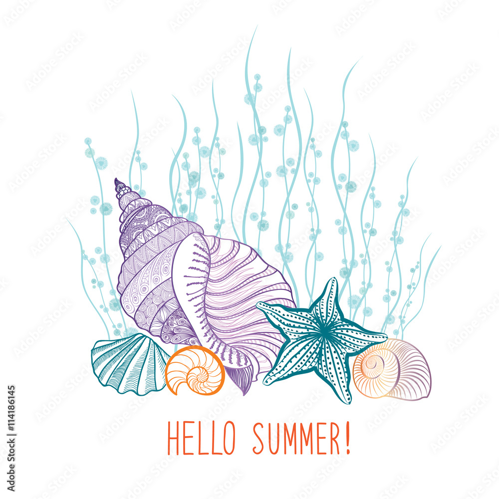 Underwater marine life background. Summer holidays cover with seashell ...