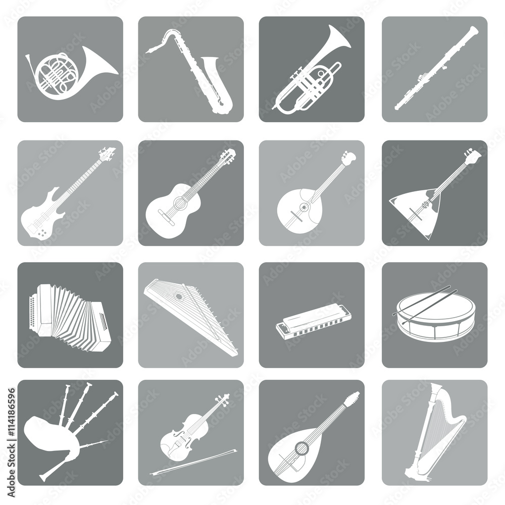 Musical instruments icon set. Folk, classical, jazz, ethnic, rock music ...