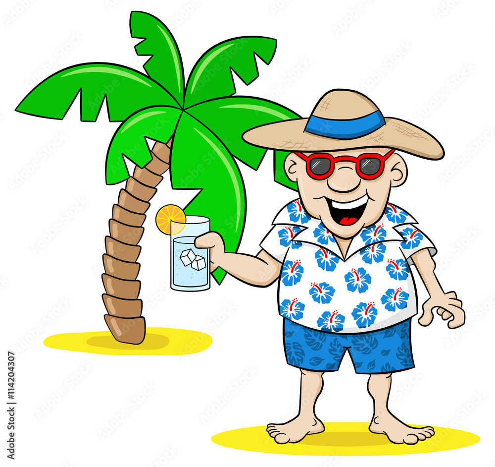 Vetor do Stock: Cartoon Tourist mit Drink am Strand im Urlaub | Adobe Stock