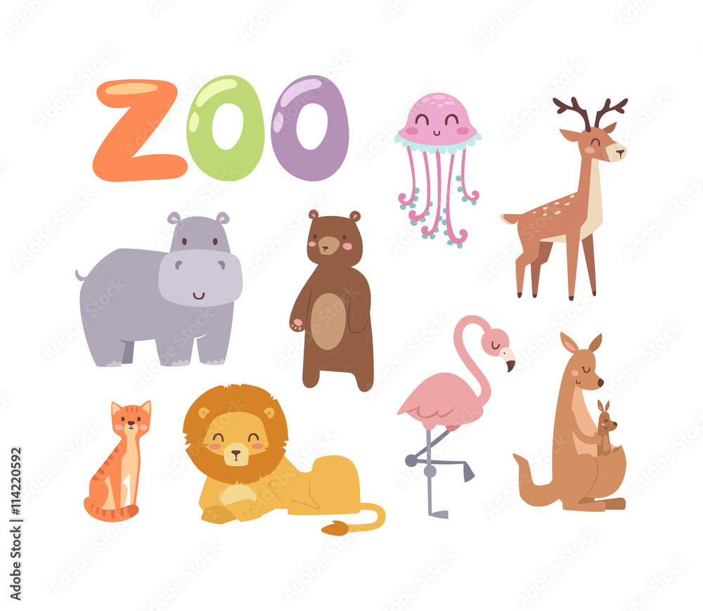 Vector zoo animals. Many different animals baby panda, sea whale ...