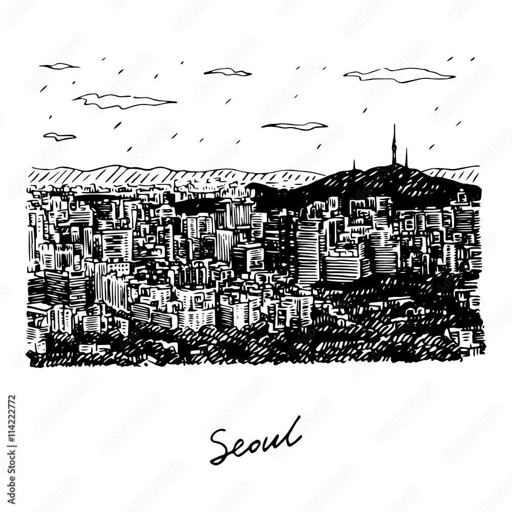 Seoul City Skyline and N Seoul Tower in Seoul, South Korea. Sketch by ...