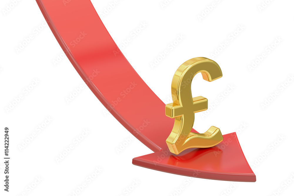 Falling red arrow with symbol of pound sterling, crisis concept. Stock ...