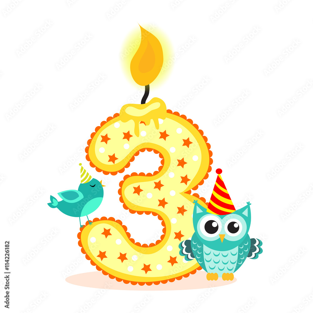 Happy Third Birthday Candle and Animals Isolated on white. The number ...
