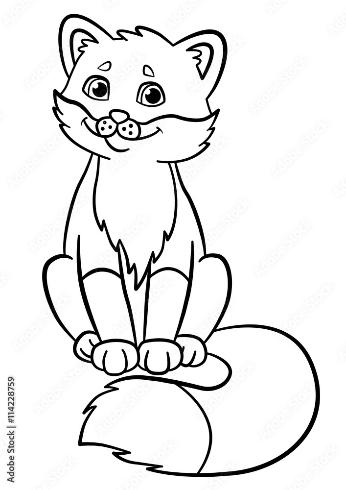 Coloring pages. Wild animals. Little cute baby fox smiles. Stock Vector ...