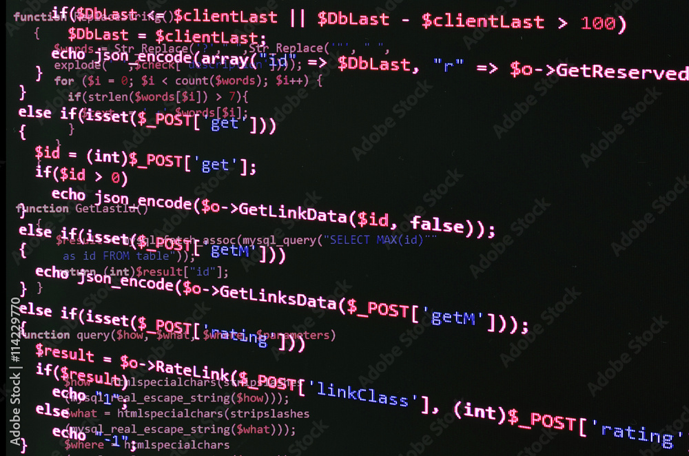 Programming code on black screen, red text Stock Photo | Adobe Stock