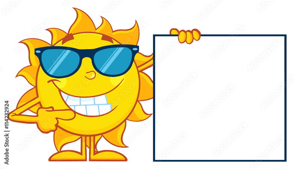 Talking Sun Cartoon Mascot Character With Sunglasses Pointing To A ...