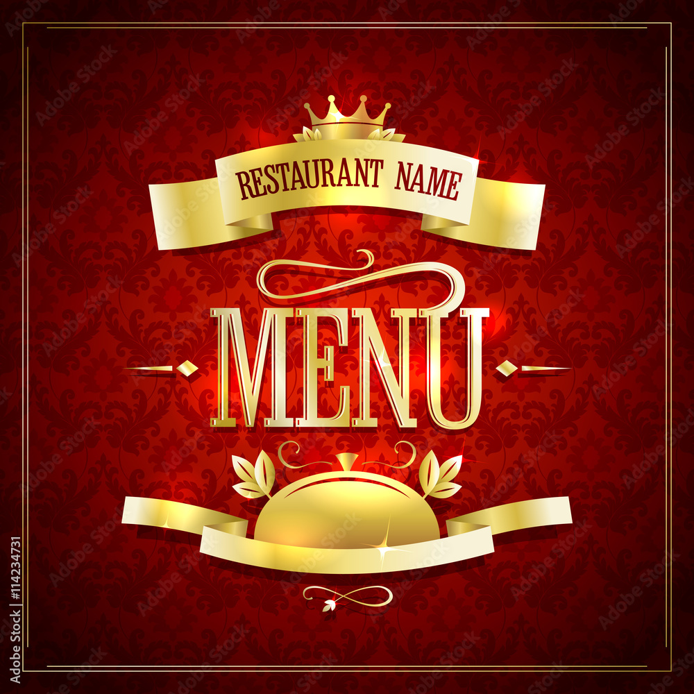Restaurant menu design with golden ribbons and headline Stock Vector ...