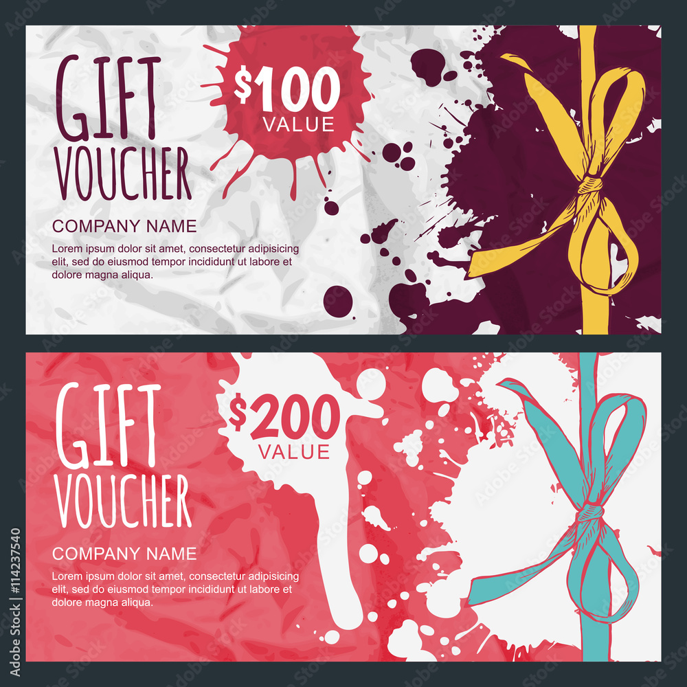 Vector gift voucher template. Hand drawn bow ribbon and crumpled paper ...