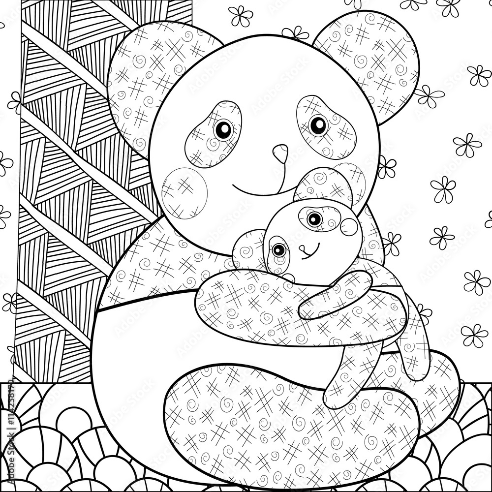 Coloring page cute panda hugging his baby. Whimsical line art vector ...