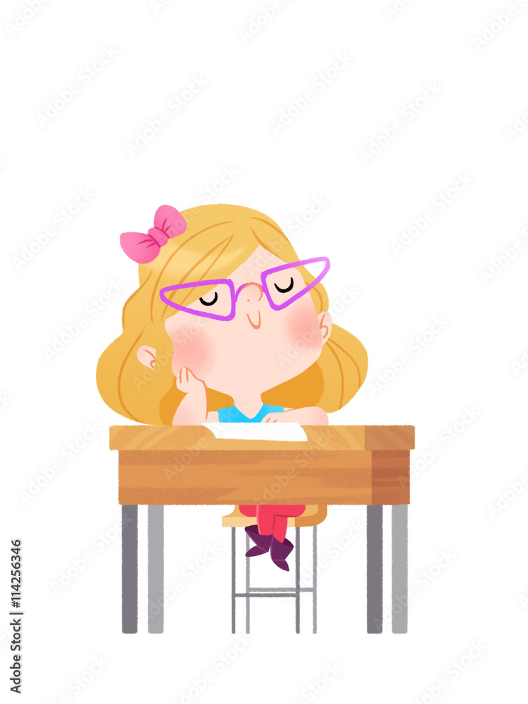 Ilustração do Stock: Niña distraída sentada en pupitre en clase. En la ...