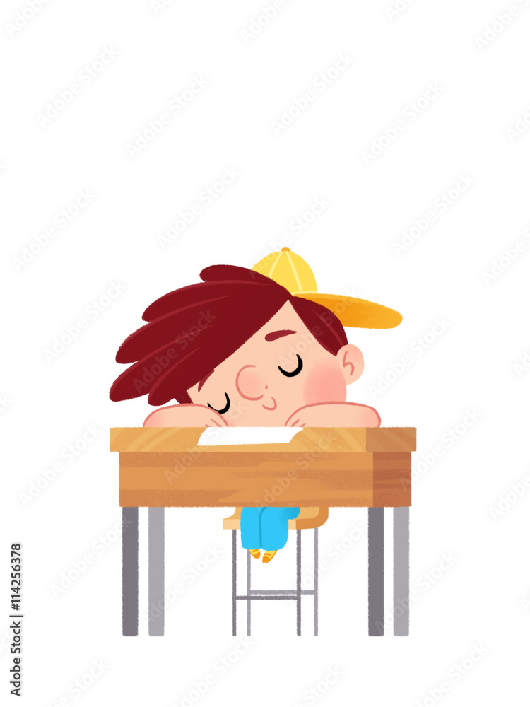 Stockillustratie Niño dormido sentado en pupitre en clase. En la ...