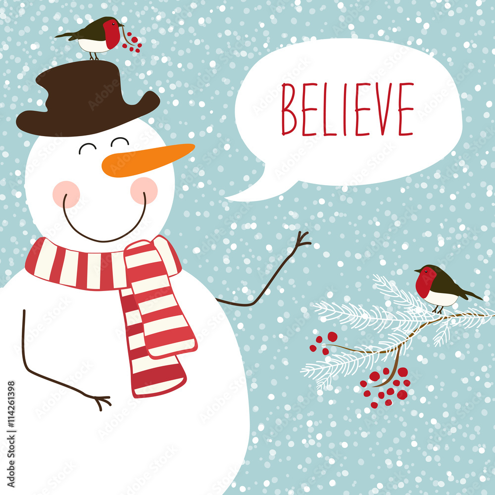 Cute hand drawn Snowman character with speech bubble and retro hand ...