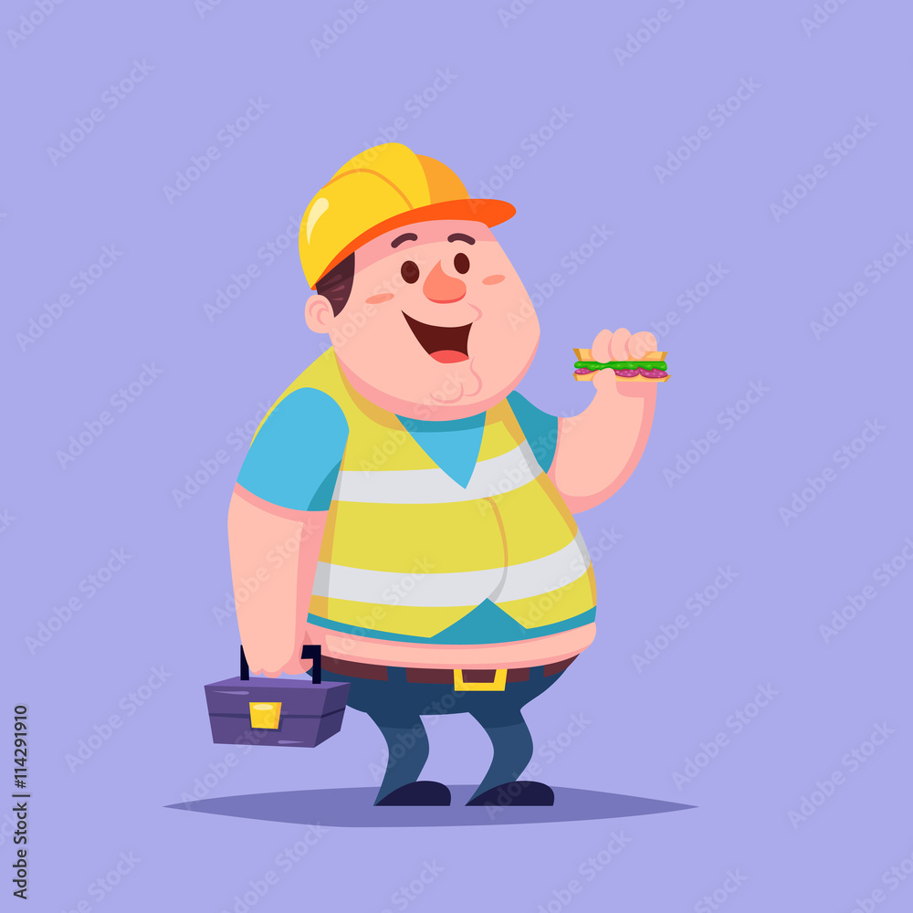 Funny Cartoon Character Fat man repairman builder worker with sandwich ...